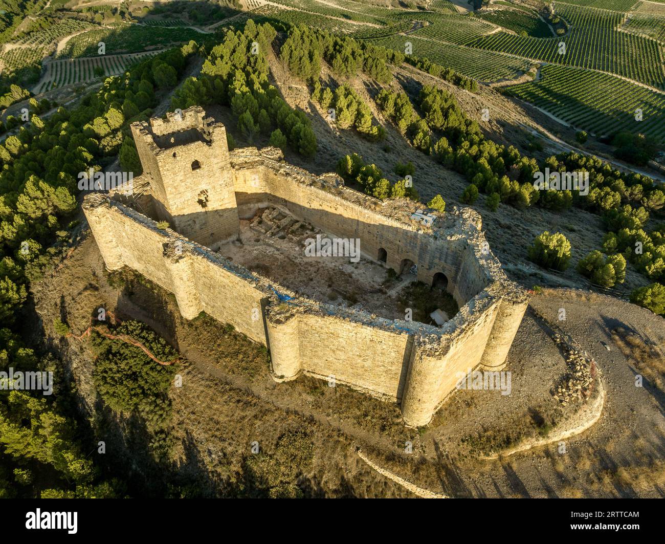 Aerial view of Davalillo castle above the Ebro river in Rioja Spain ...