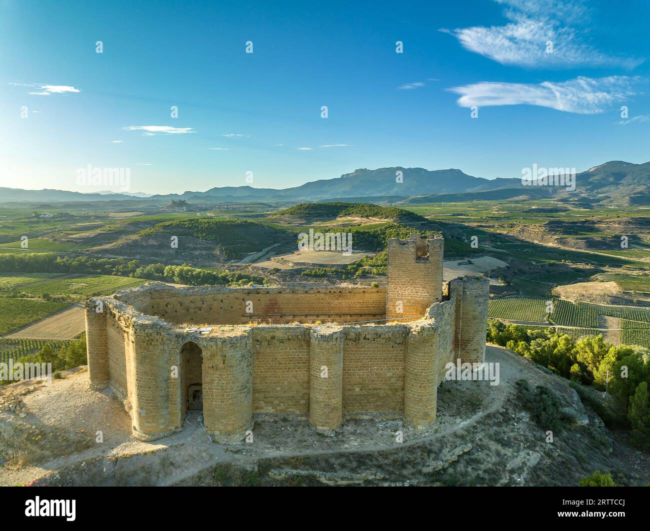 Aerial view of Davalillo castle above the Ebro river in Rioja Spain ...