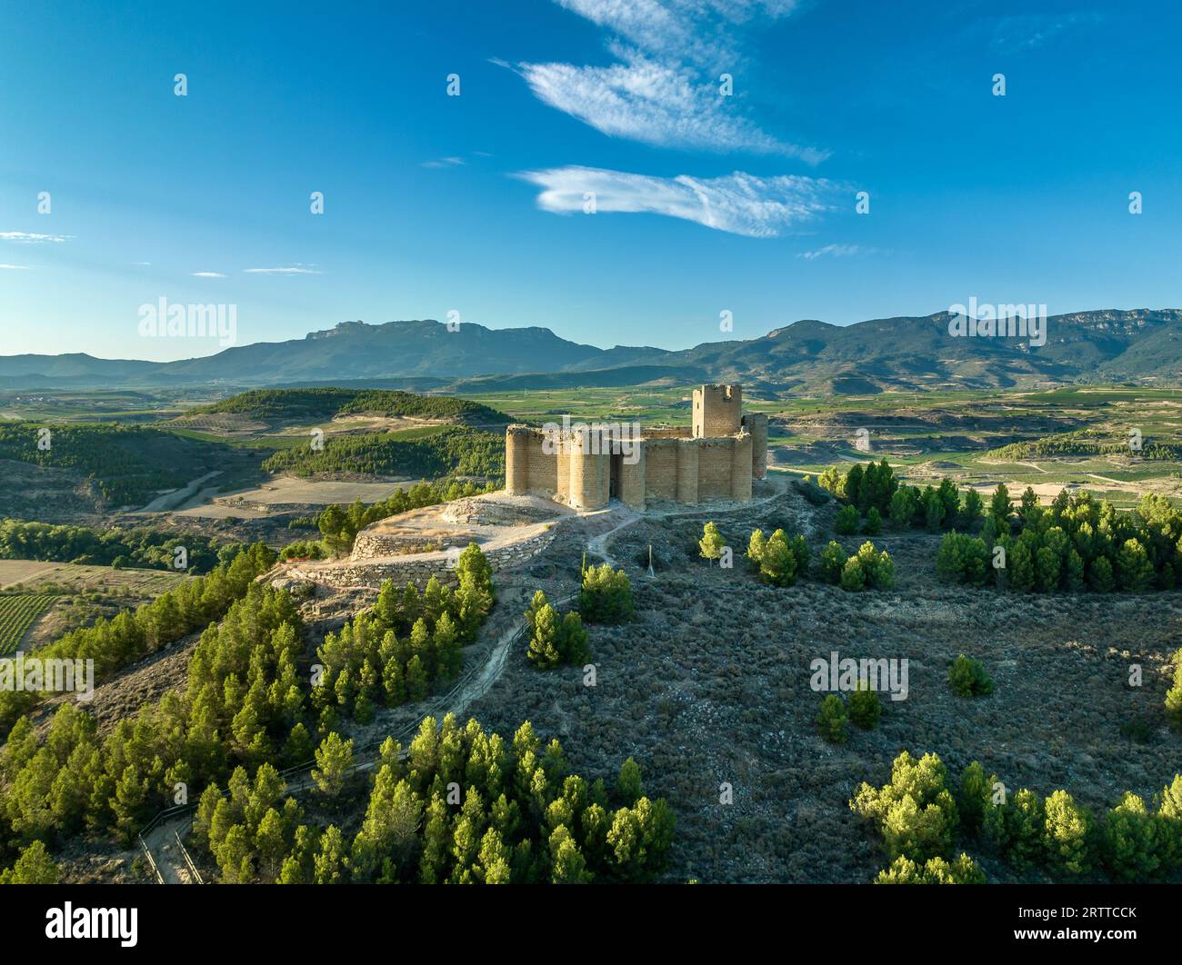 Aerial view of Davalillo castle above the Ebro river in Rioja Spain ...