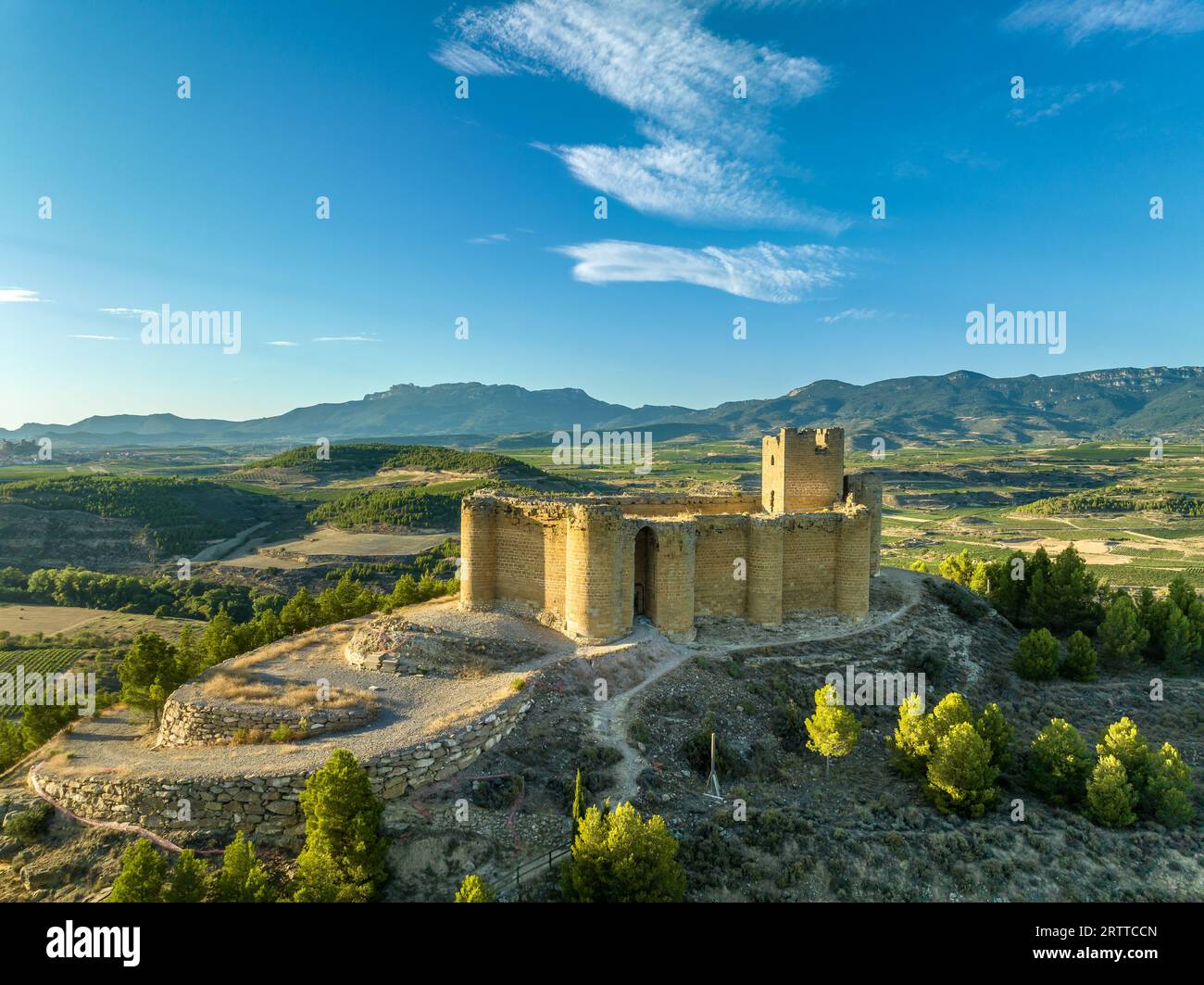 Aerial view of Davalillo castle above the Ebro river in Rioja Spain ...