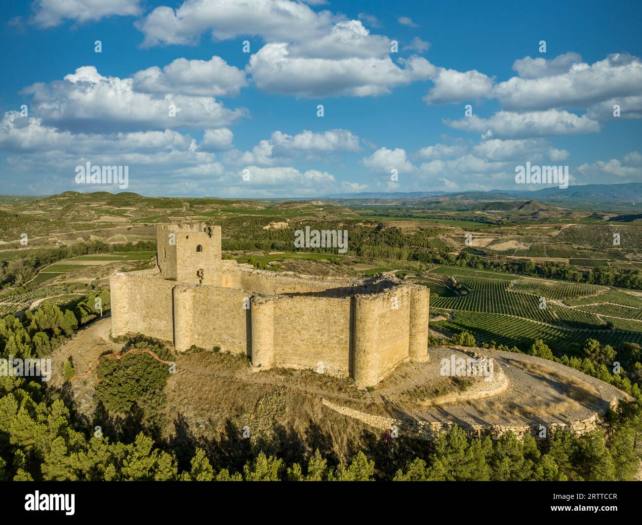 Aerial view of Davalillo castle above the Ebro river in Rioja Spain ...