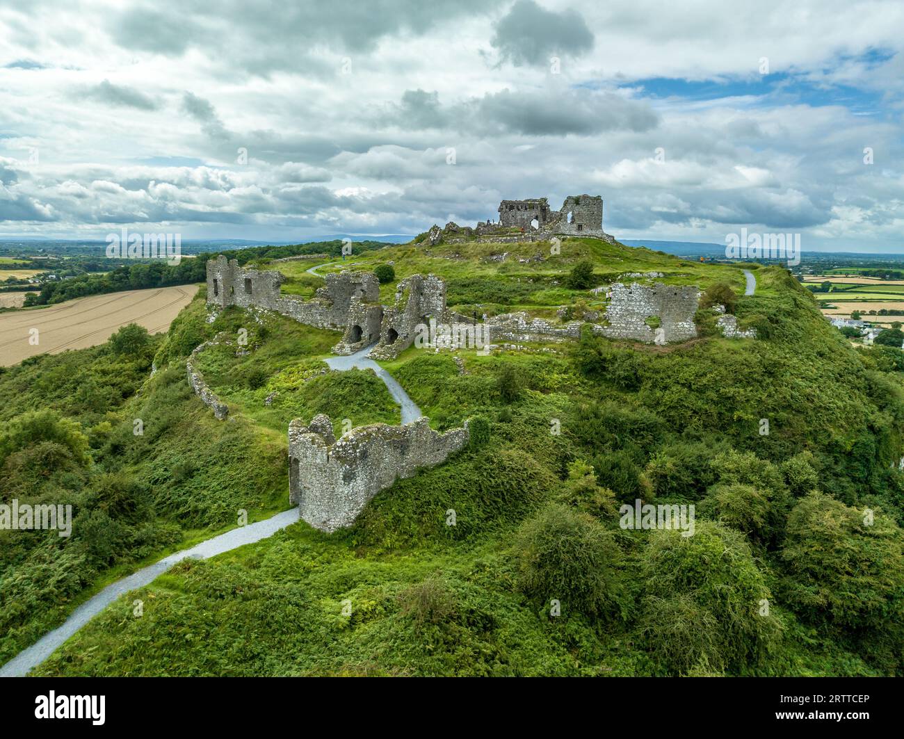 Aerial view of Dunamase legendary Irish hilltop castle ruin with cloudy ...