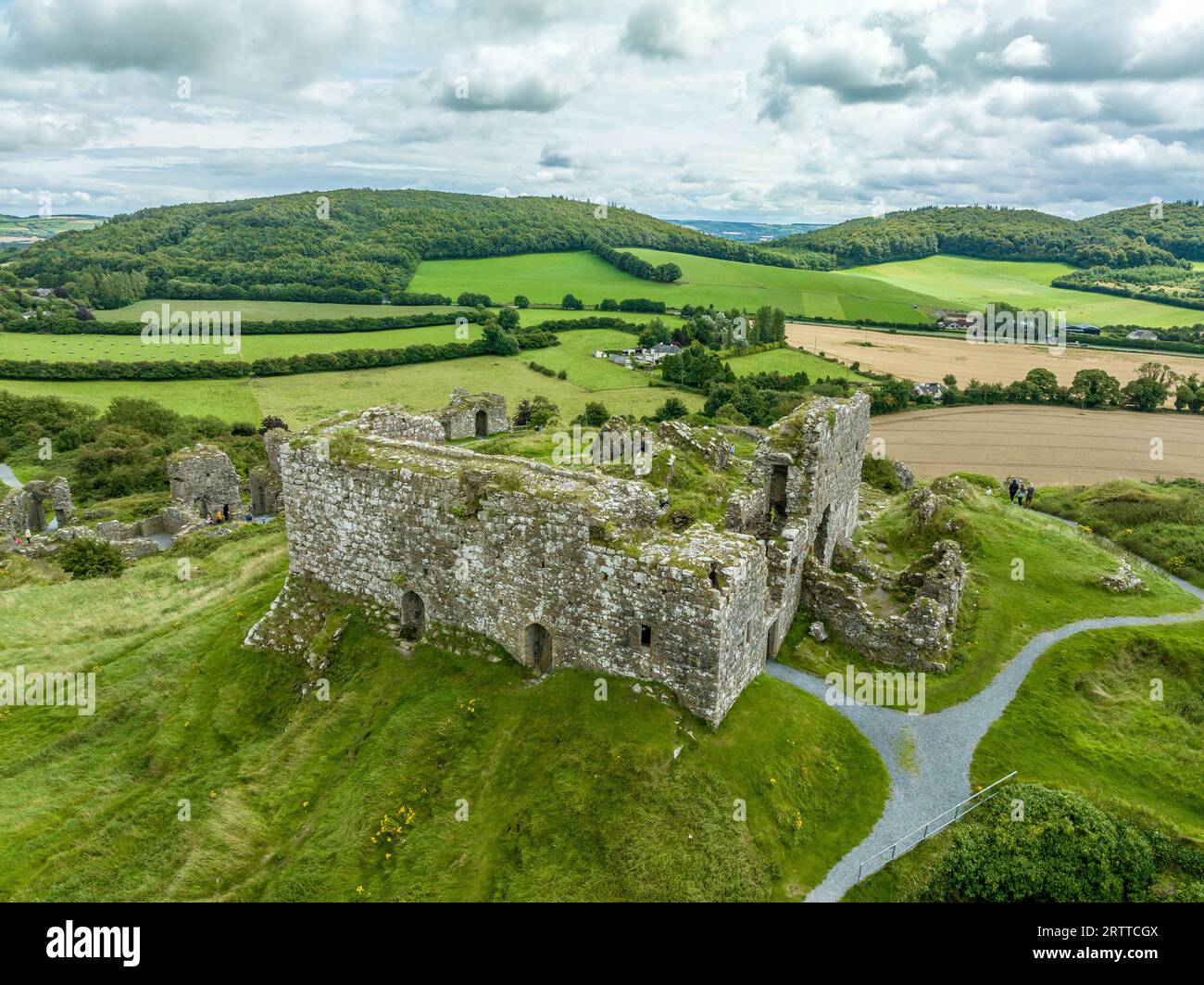 Aerial view of Dunamase legendary Irish hilltop castle ruin with cloudy ...