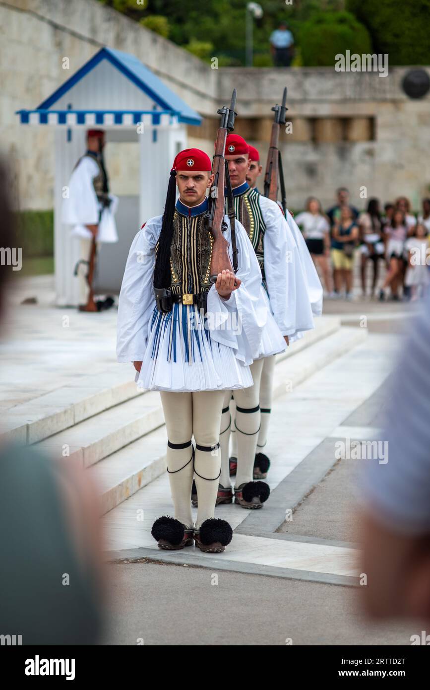 Evzones presidential guard soldiers marching at the Tomb of the Unknown Soldier at Syntagma ...