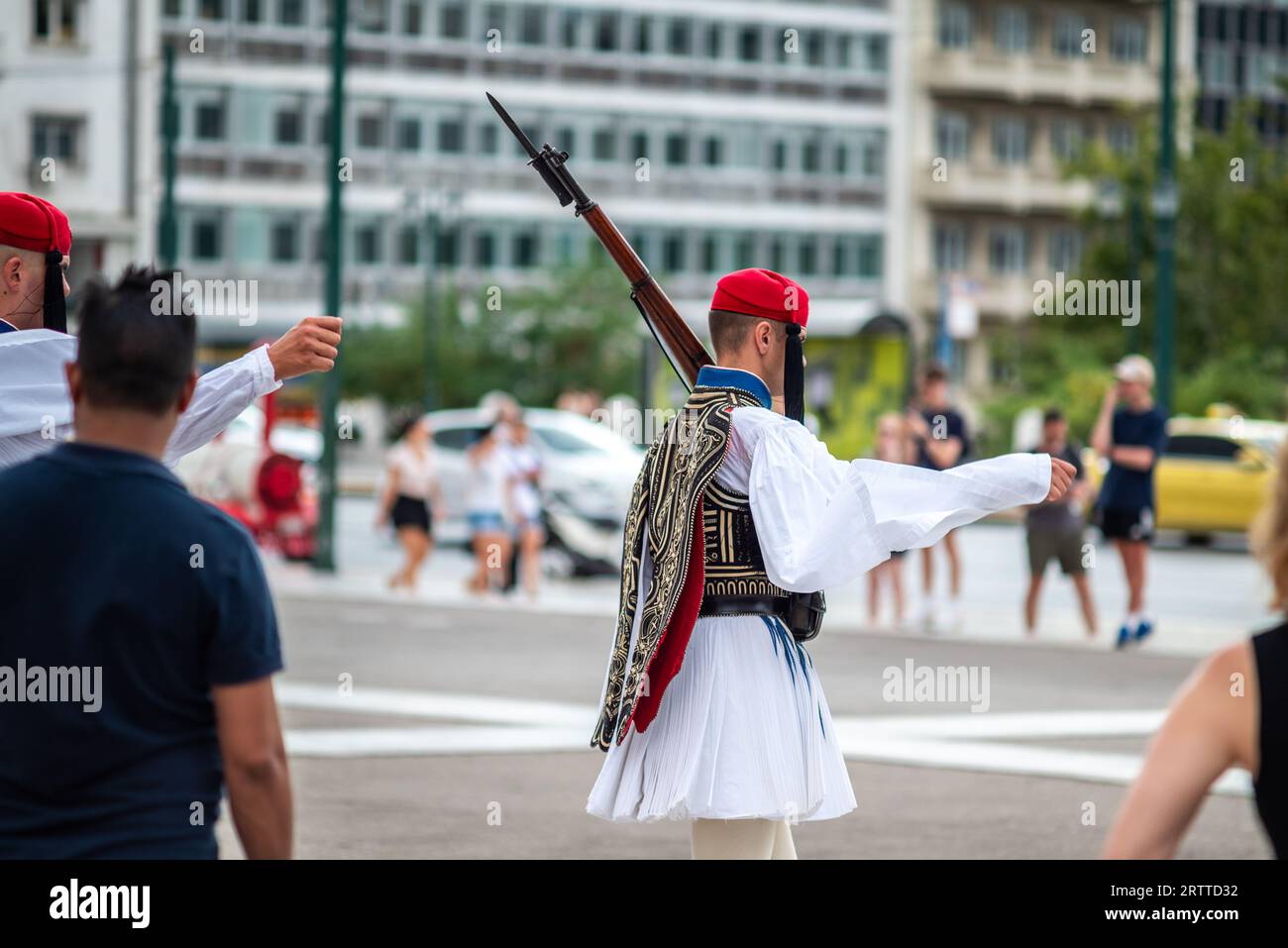 Evzones presidential guard soldiers marching at the Tomb of the Unknown Soldier at Syntagma ...