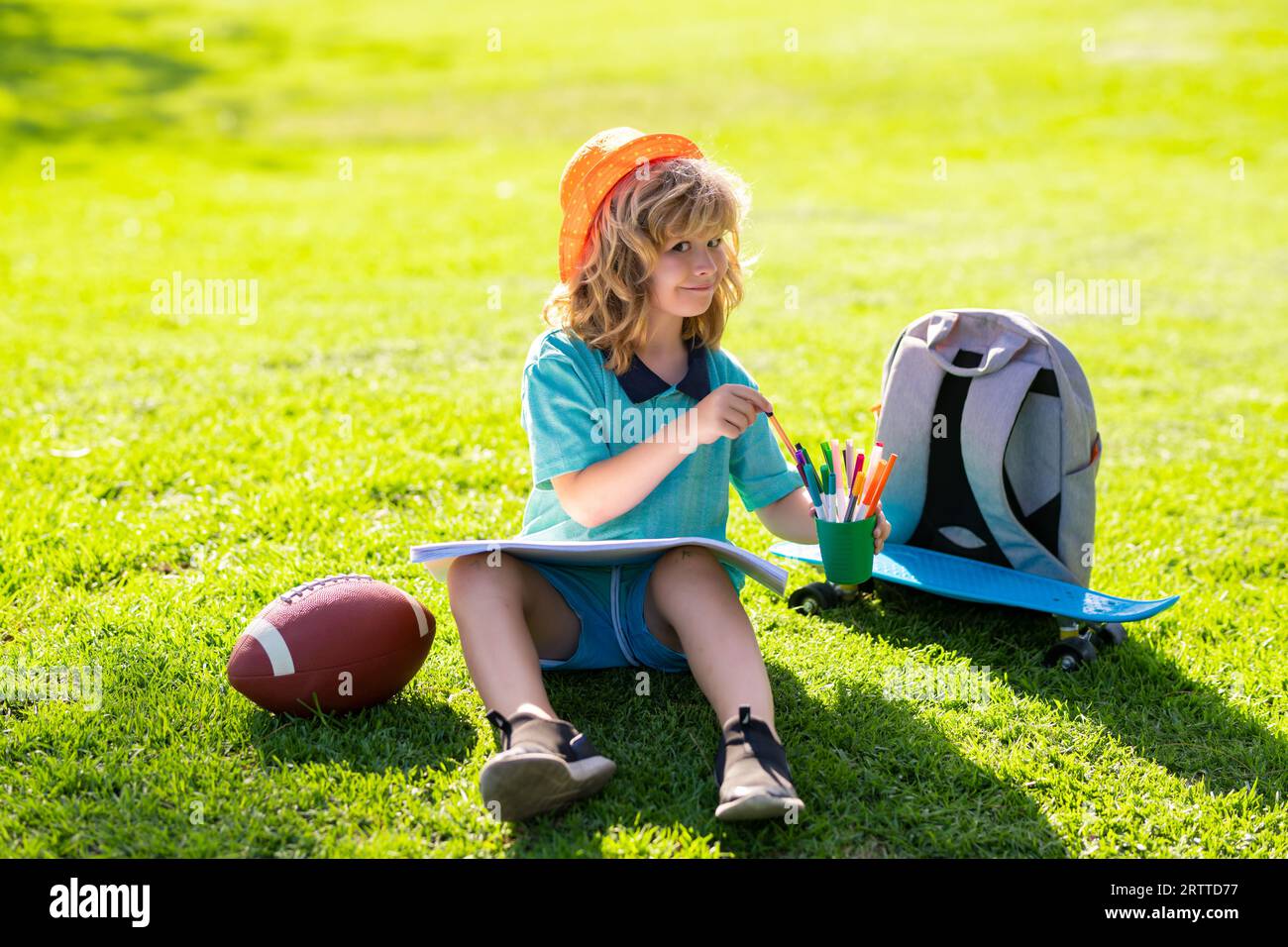 Summer kids leisure. Kid boy create artist paints, summer vacation ...