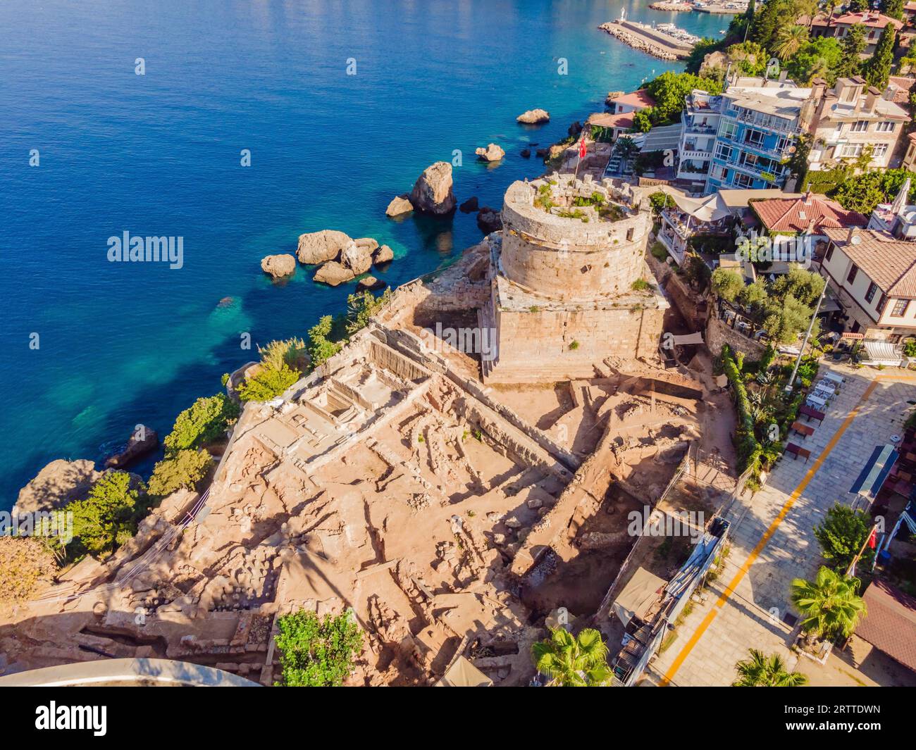 Hidirlik Tower, landmark of old town in Antalya Turkey. Drone view ...