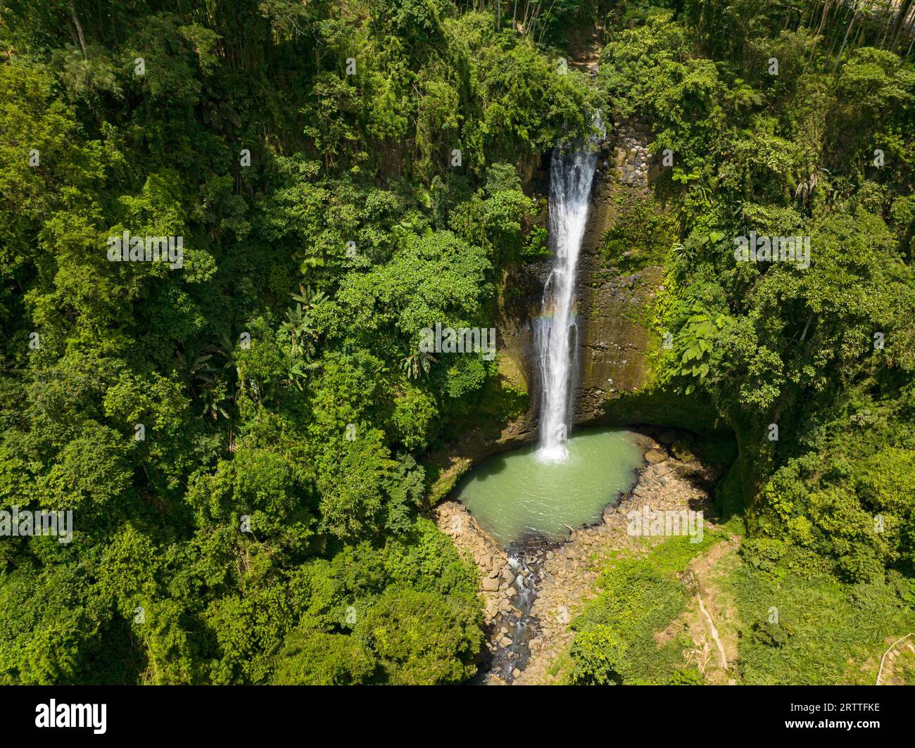 Tropical waterfall in a mountain canyon surrounded by jungle. Alalum ...