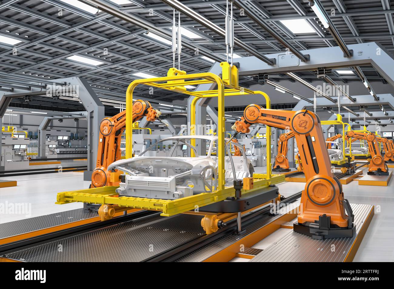 Automation automobile factory with 3d rendering robot assembly line ...