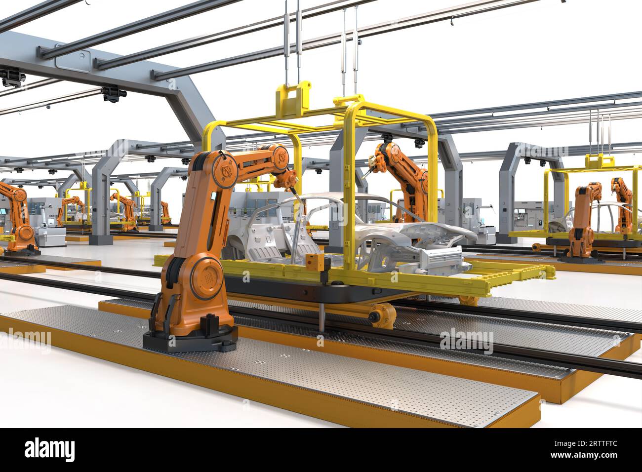 Automation automobile factory with 3d rendering robot assembly line ...
