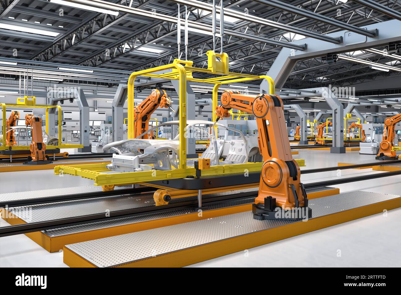 Automation automobile factory with 3d rendering robot assembly line ...