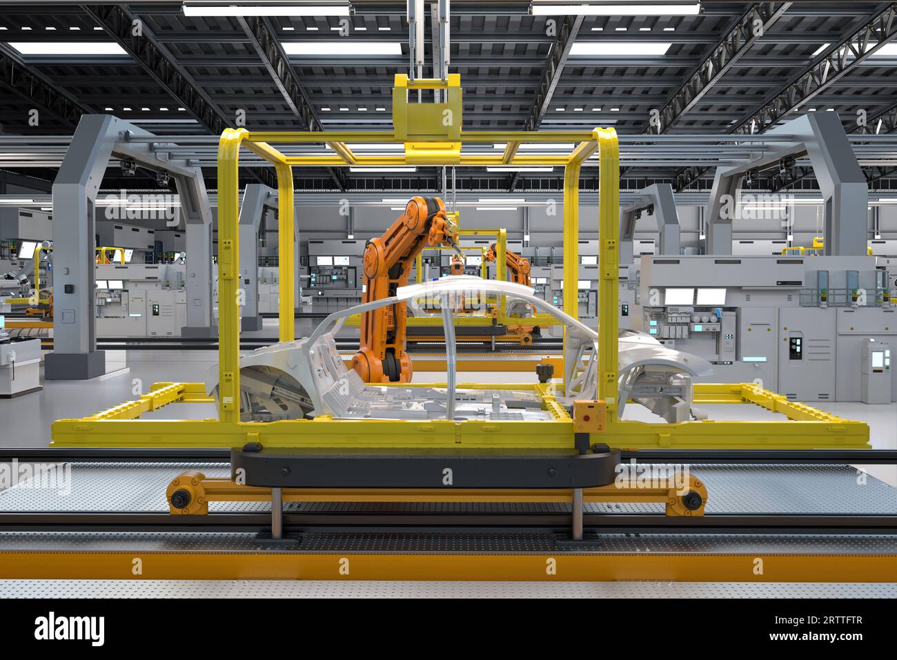 Automation automobile factory with 3d rendering robot assembly line ...