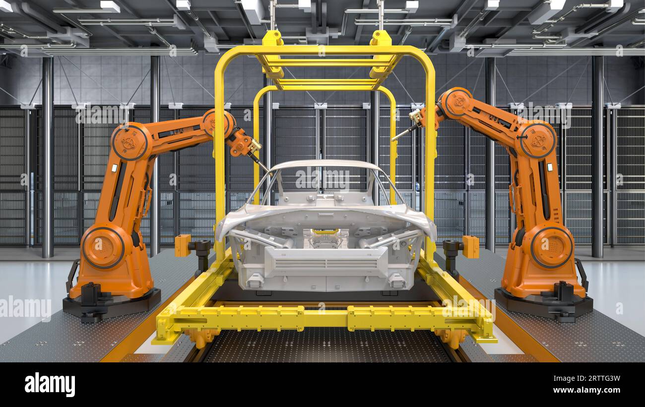Automation Automobile Factory With 3d Rendering Robot Assembly Line