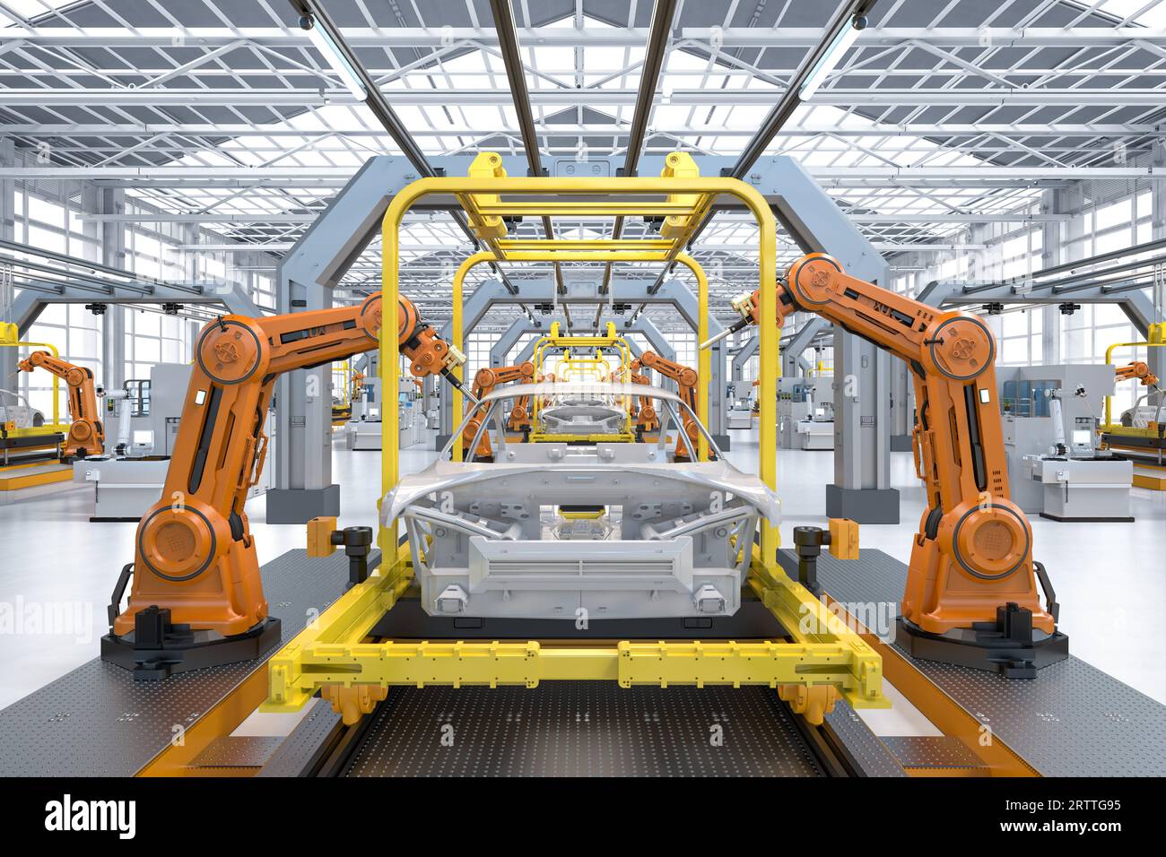 Automation automobile factory with 3d rendering robot assembly line manufacture ev car Stock ...