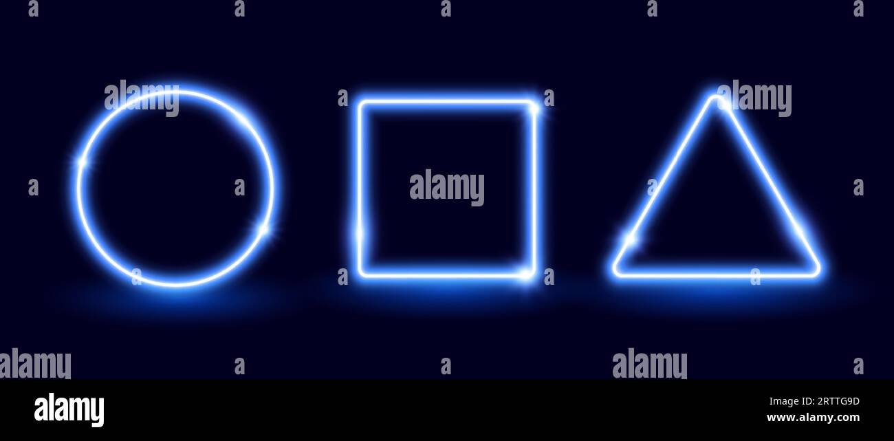 Neon blue glow frame set. Illuminated color, square, triangle shapes ...