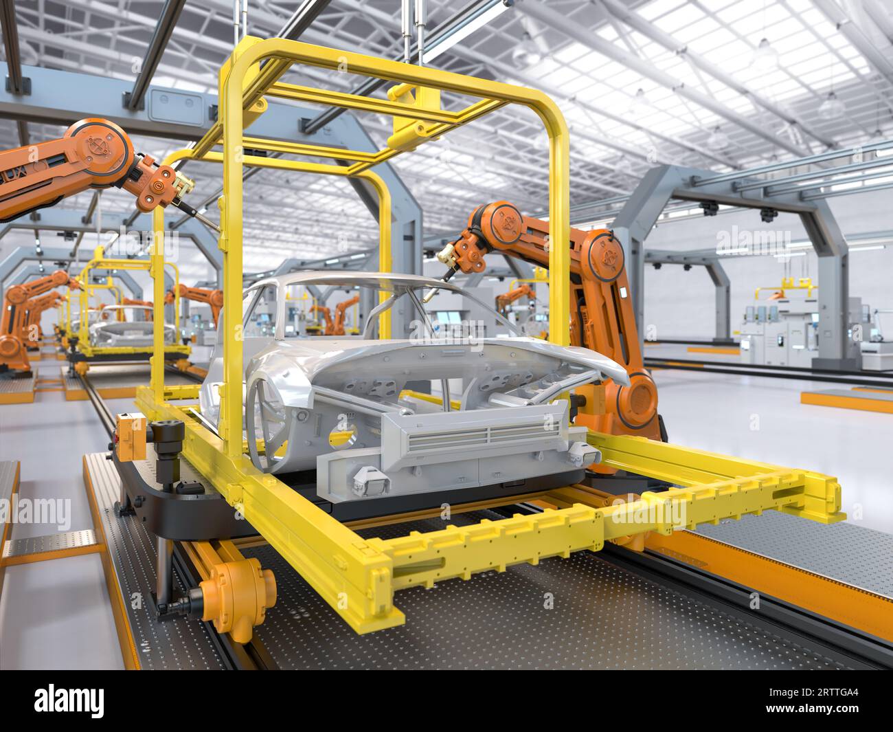 Automation automobile factory with 3d rendering robot assembly line ...