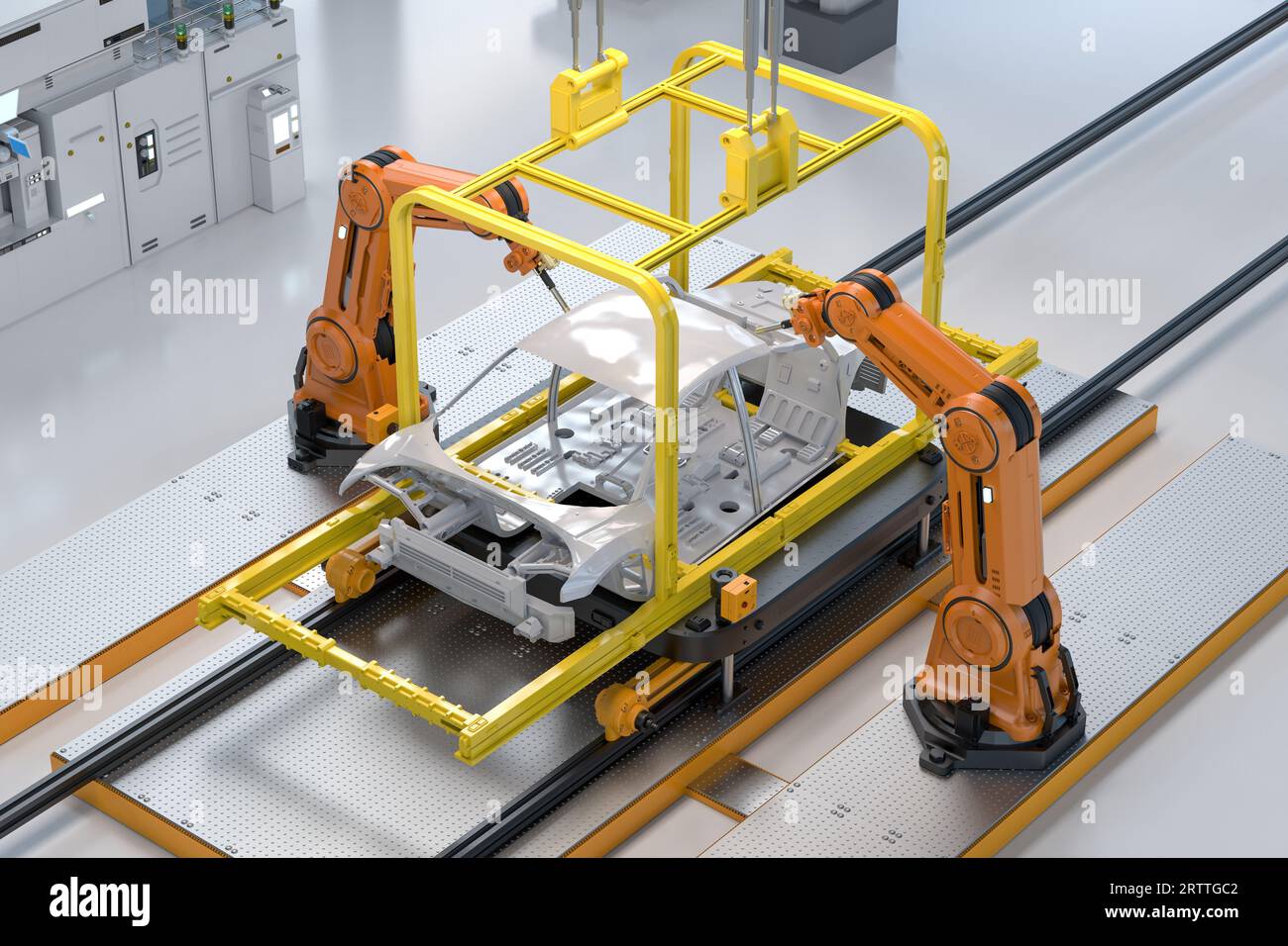 Automation automobile factory with 3d rendering robot assembly line ...