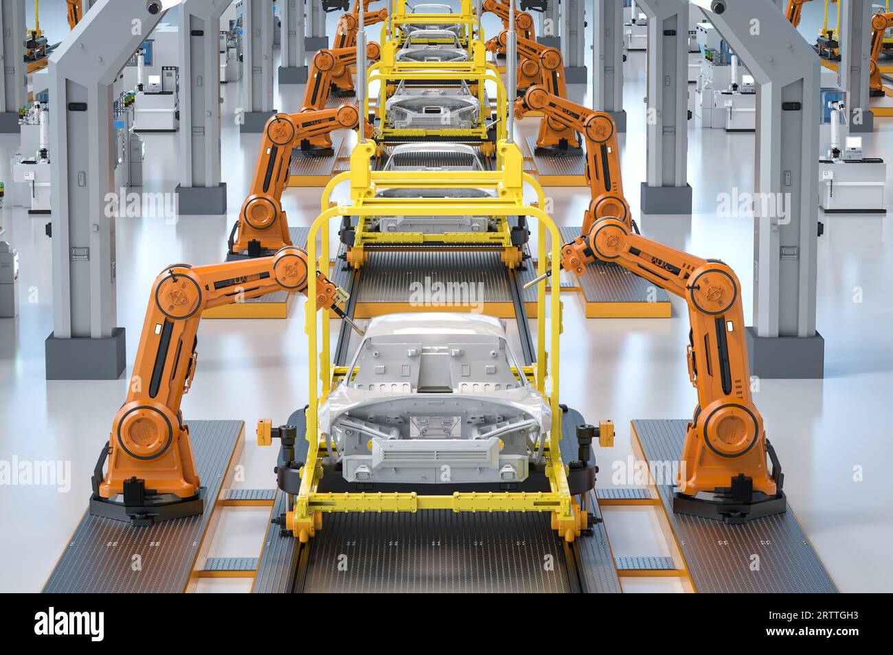 Automation Automobile Factory With 3d Rendering Robot Assembly Line