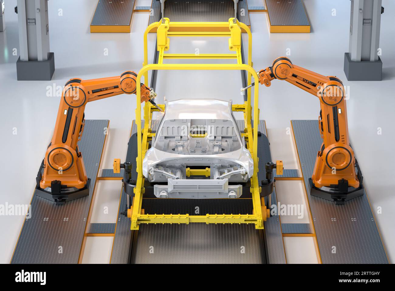 Automation automobile factory with 3d rendering robot assembly line manufacture ev car Stock ...