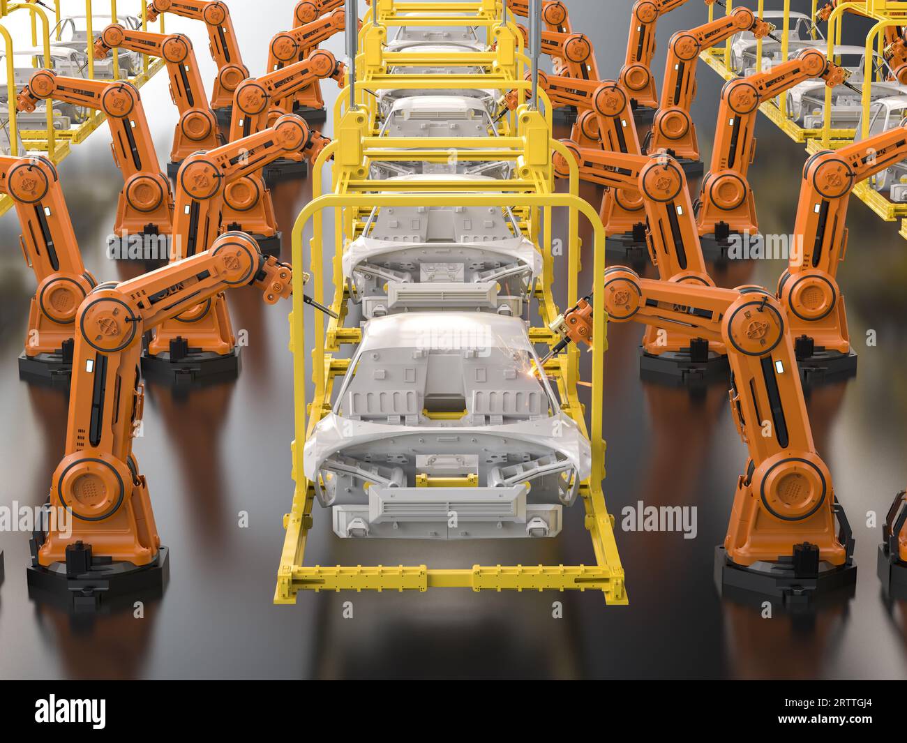 Automation automobile factory with 3d rendering robot assembly line ...