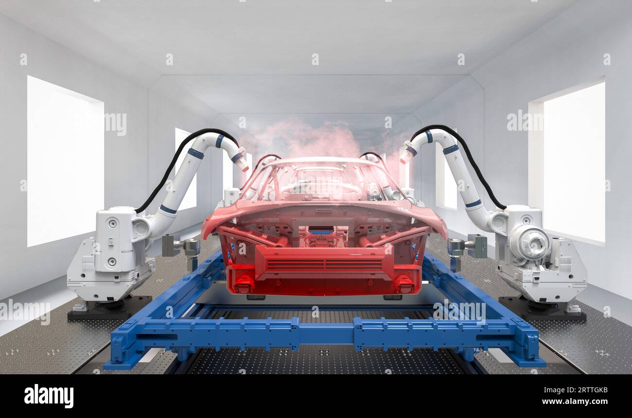 Automation automobile factory with 3d rendering robot airbrush painting ...