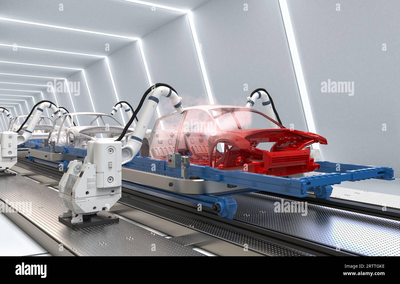 Automation automobile factory with 3d rendering robot assembly line ...