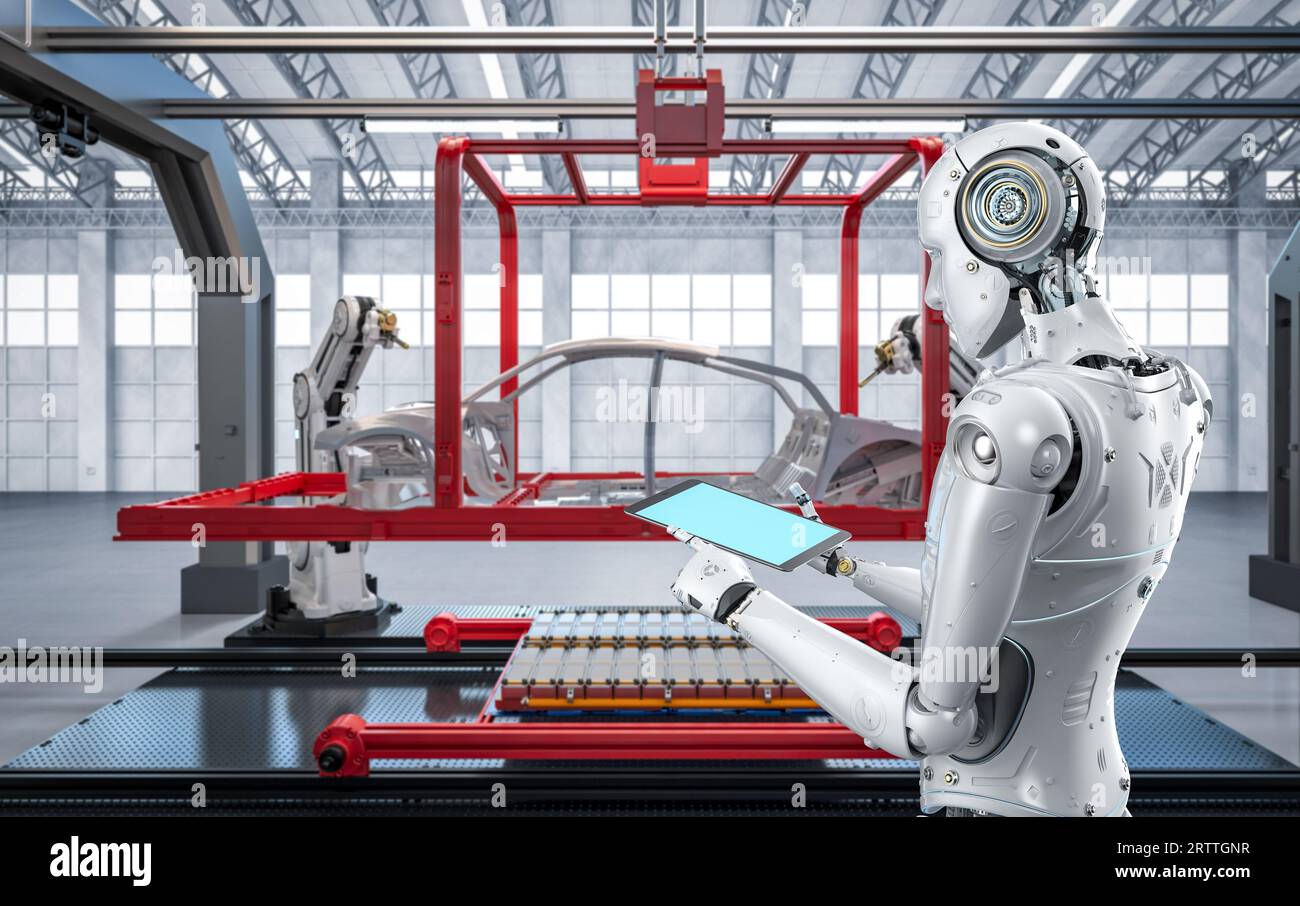 Automation automobile factory concept with 3d rendering robot assembly line in car factory Stock ...