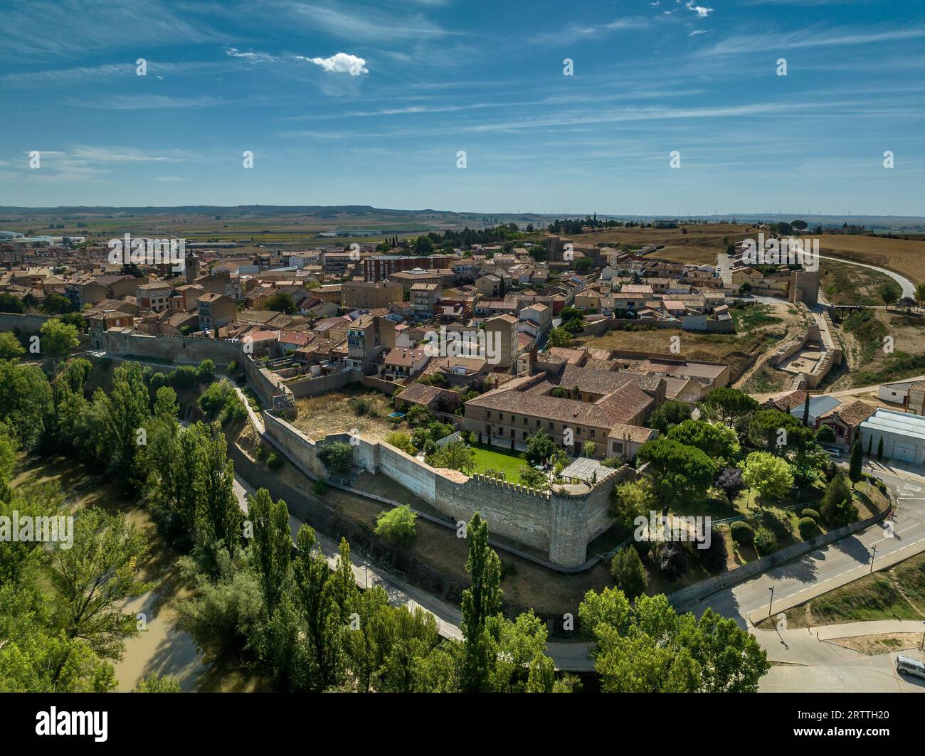 Aerial view of Almazan city walls, fortified gate, battlements above ...