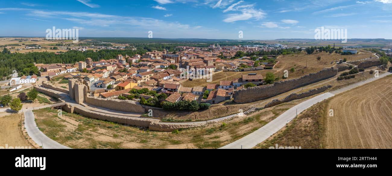 Aerial view of Almazan city walls, fortified gate, battlements above ...