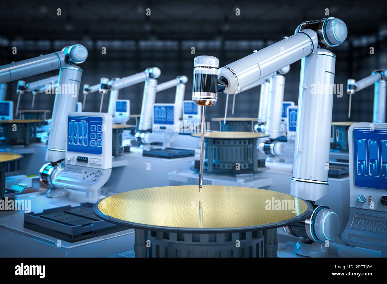 Semiconductor manufacturing with 3d rendering robotic arms with silicon wafers Stock Photo - Alamy