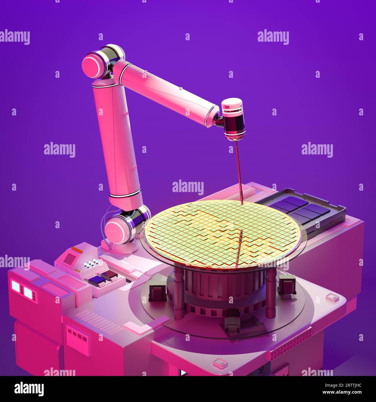 Semiconductor manufacturing with 3d rendering robotic arms with silicon wafers on neon light ...