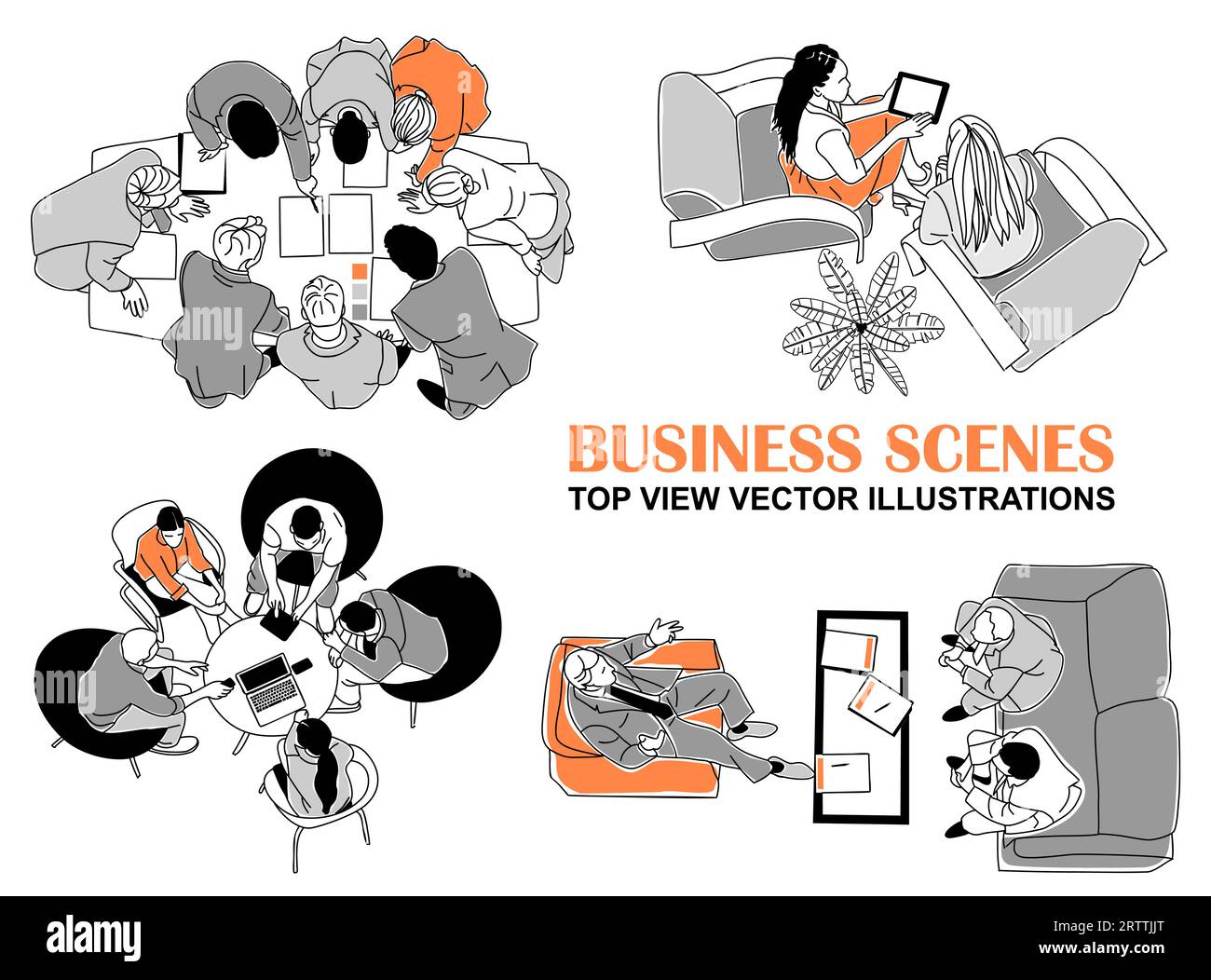 Set of Business scenes top view vector line art Stock Vector Image ...