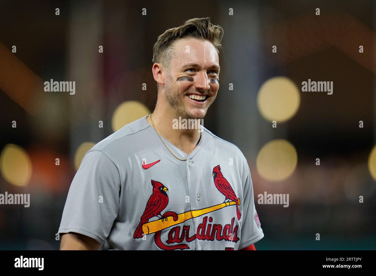 St. Louis Cardinals' Andrew Knizner reacts in the seventh inning of a ...