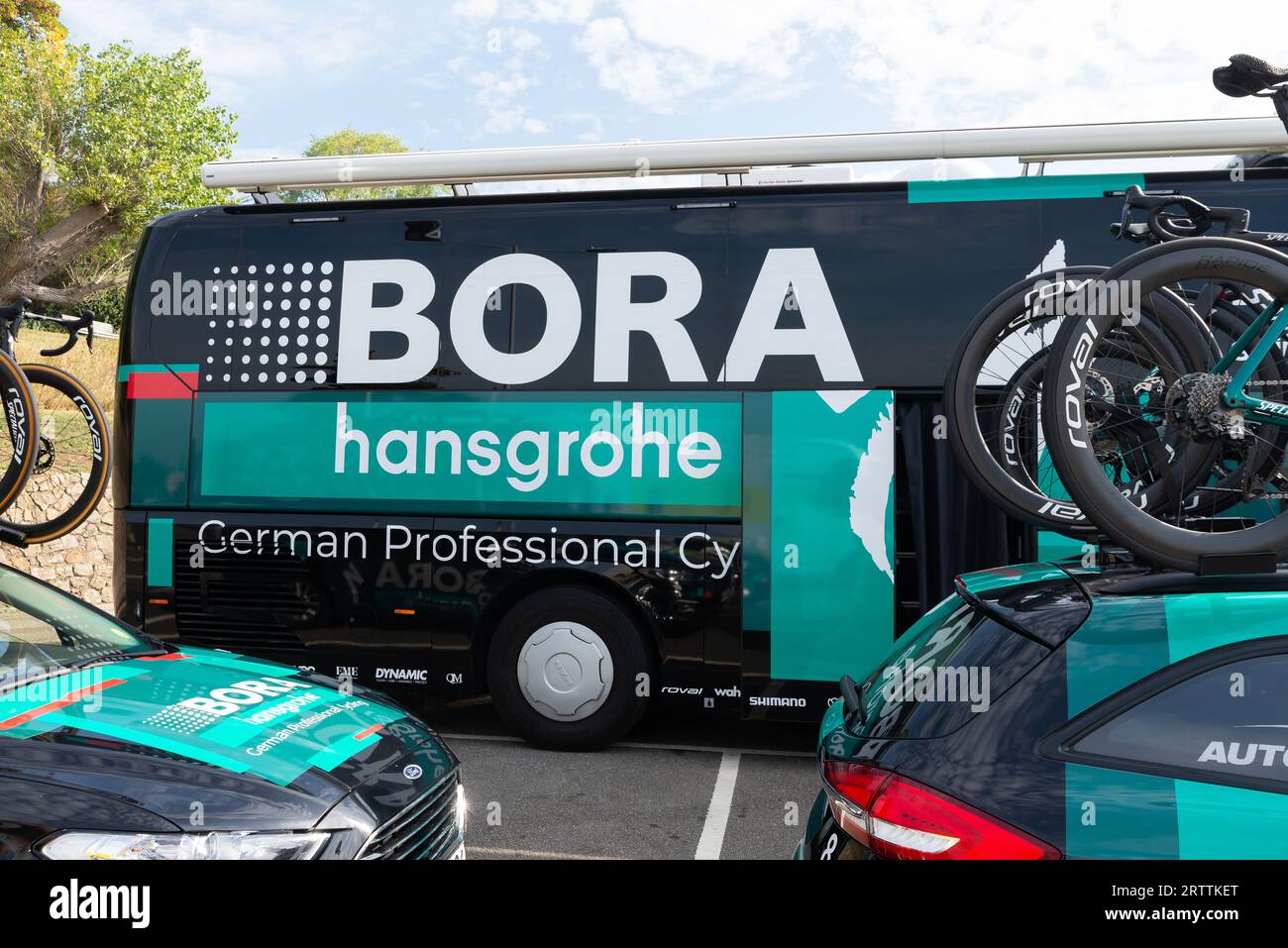 BORA Hansgrohe support team at the Tour of Britain cycle race Stage 6 ...