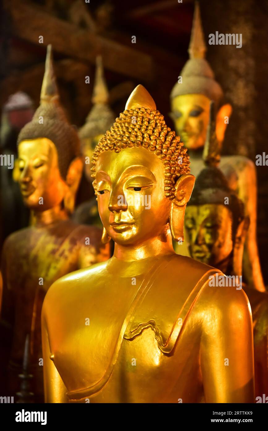 Cluster of golden buddha statues in Haw Pha Bang, the temple in the ...