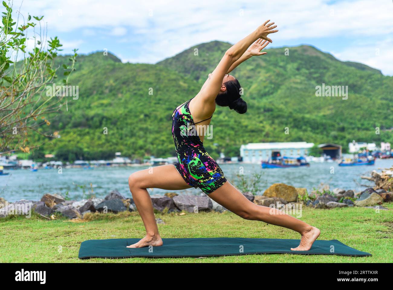 High lunge pose or utthita ashwa sanchalanasana yoga with ukrainian ...