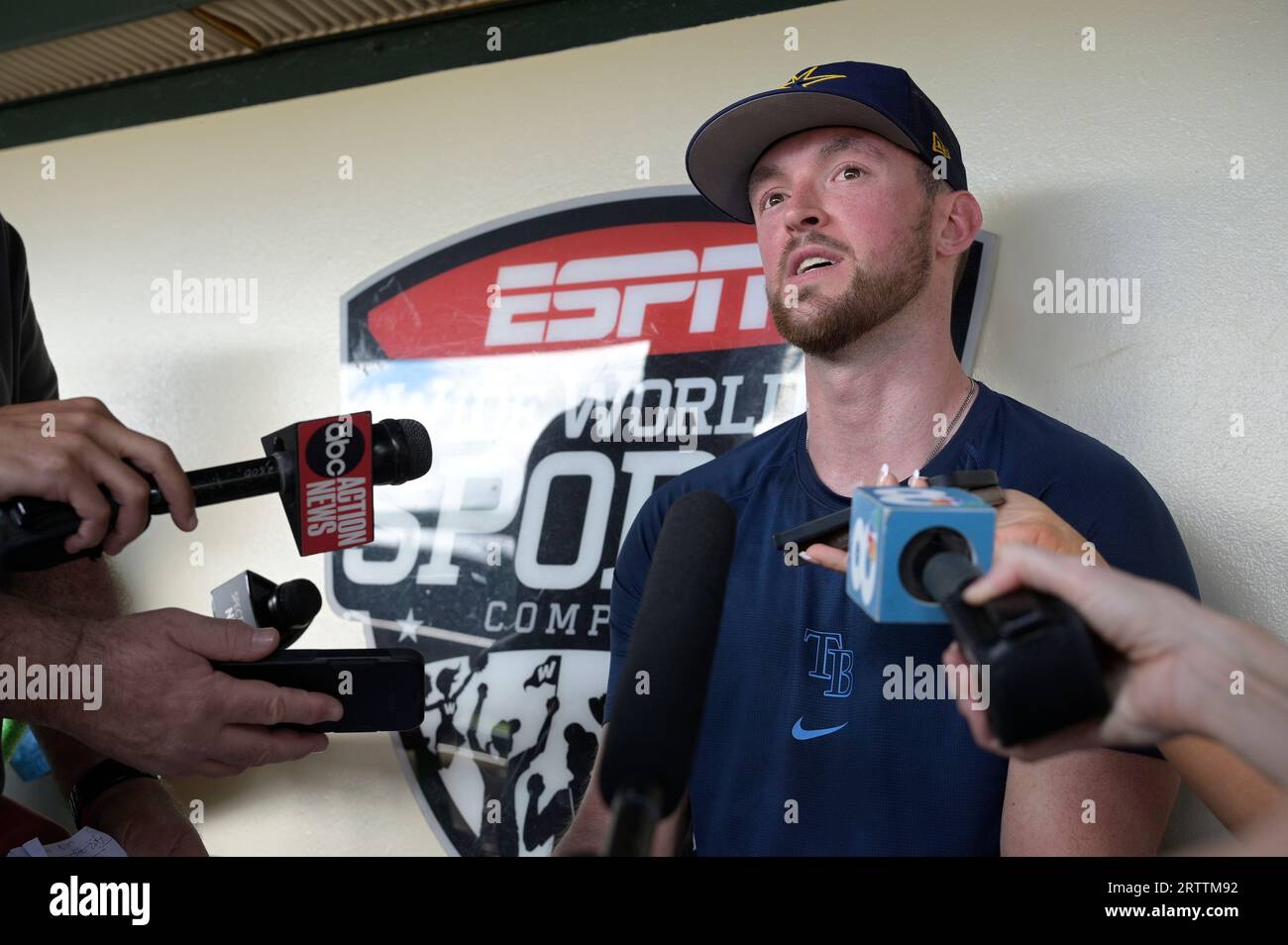 Tampa Bay Rays pitcher Jeffrey Springs taks with reporters in the ...