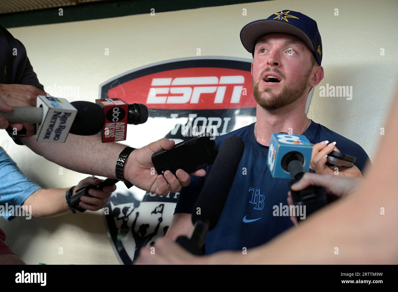 Tampa Bay Rays pitcher Jeffrey Springs taks with reporters in the ...