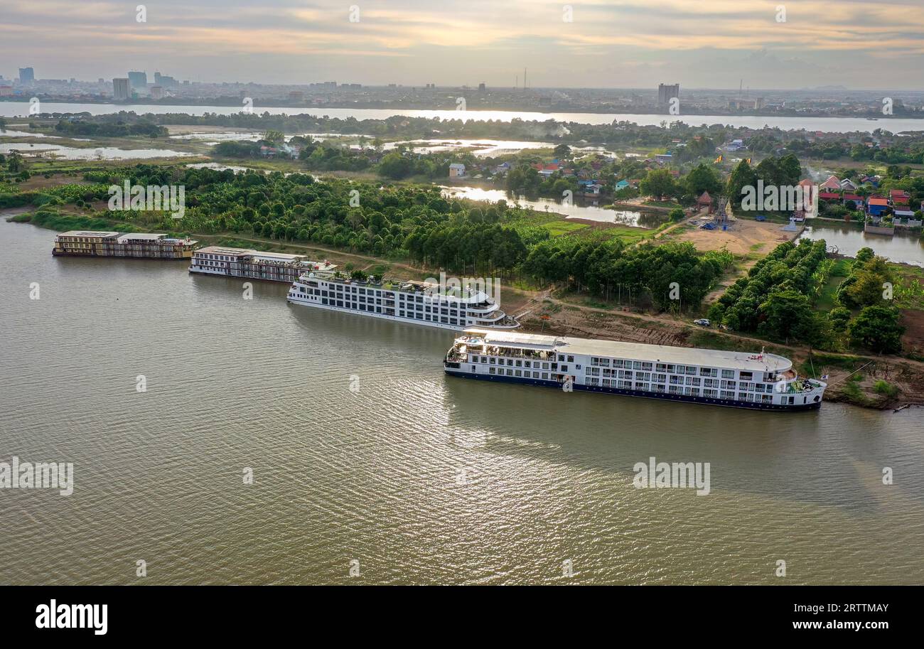 Mekong River aerial view: cruise ships Amalotus, Scenic Spirit, Mekong ...