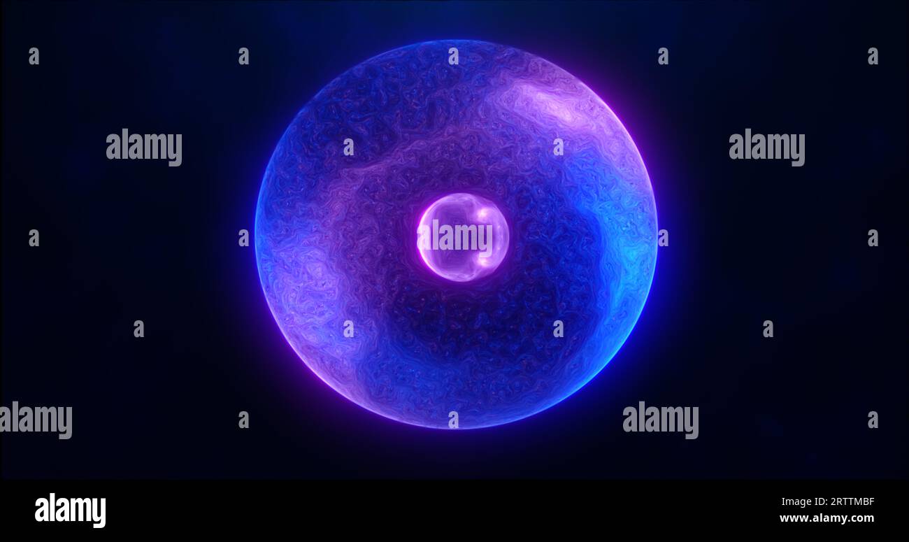 Blue purple energy sphere with glowing bright particles, atom with ...