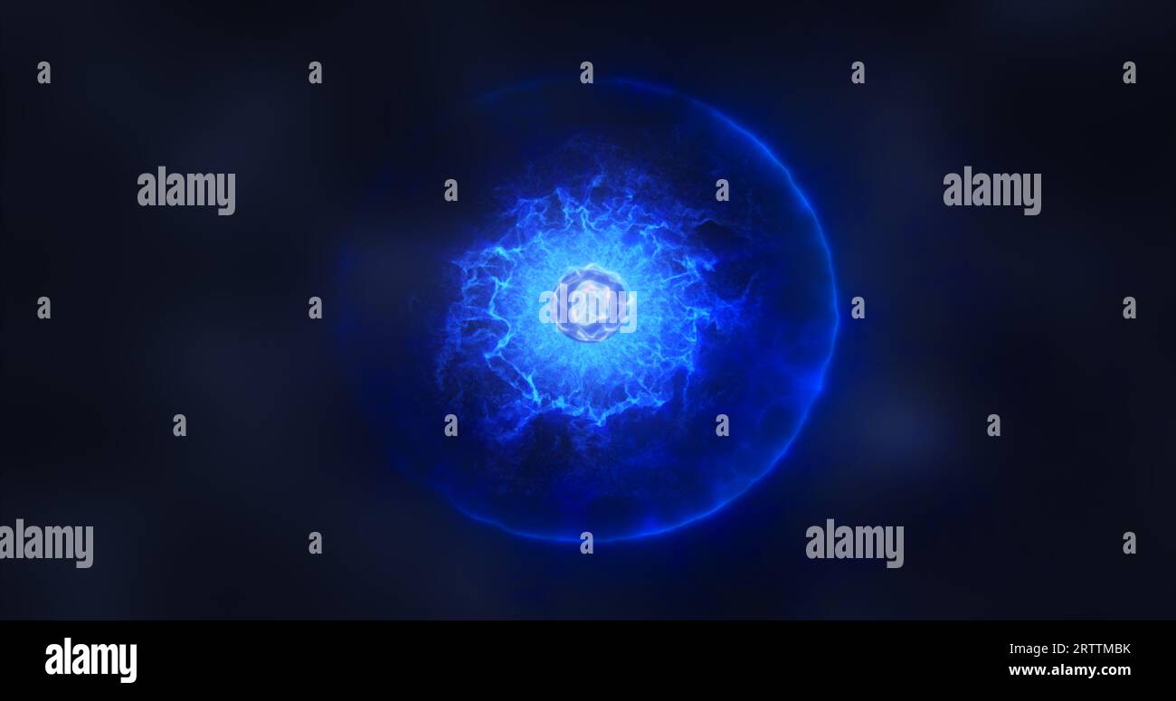 Abstract blue sphere atom with electrons flying glowing bright ...