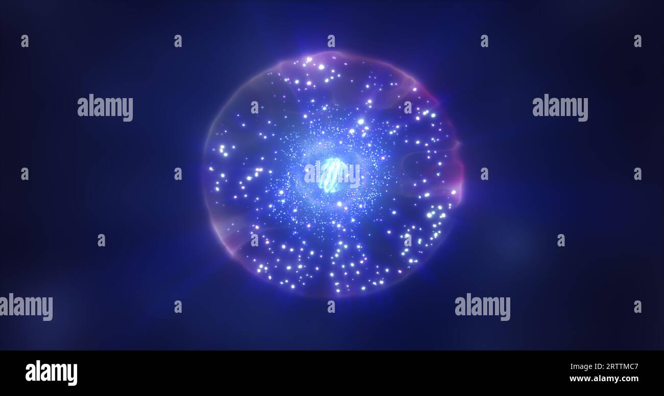 Abstract blue energy sphere with flying glowing bright particles ...
