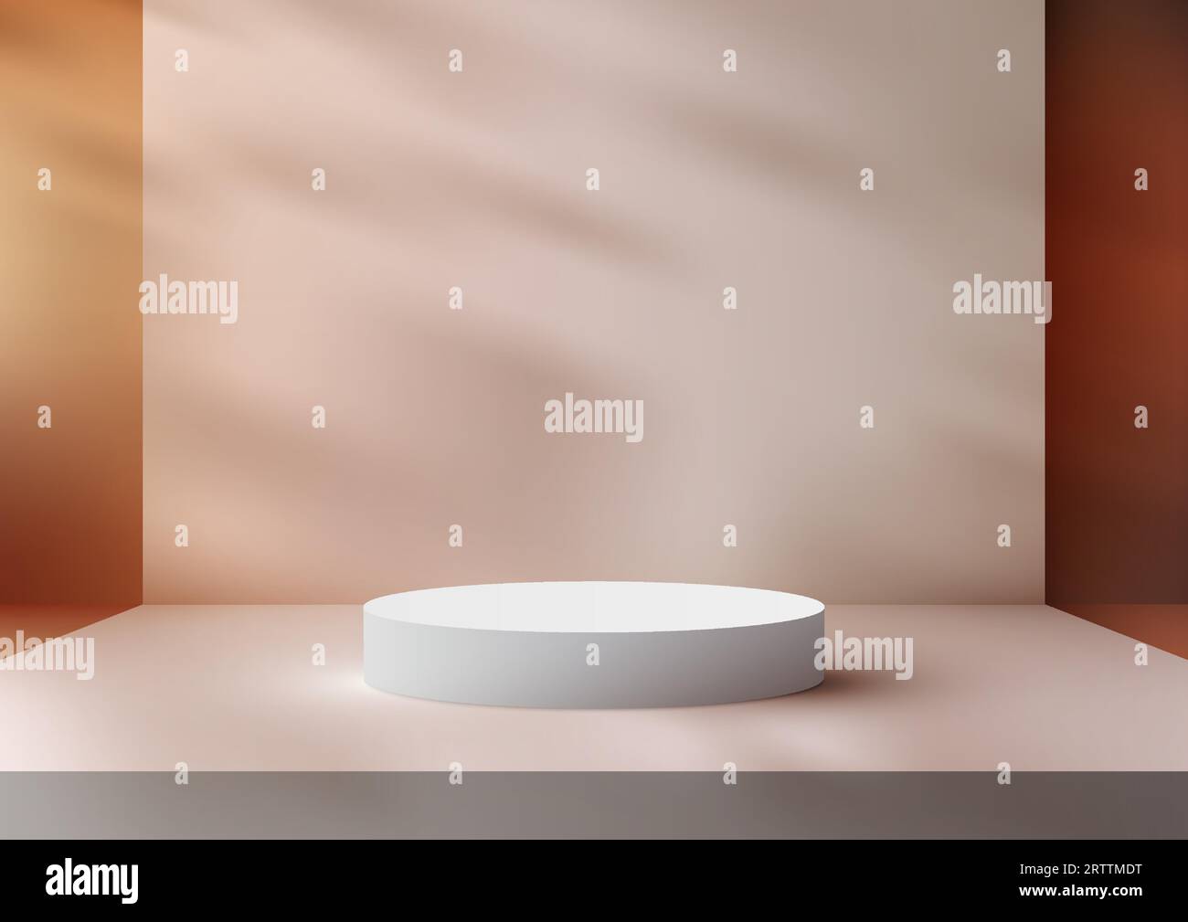 3D render of a white podium on a beige platform with a brown wall ...