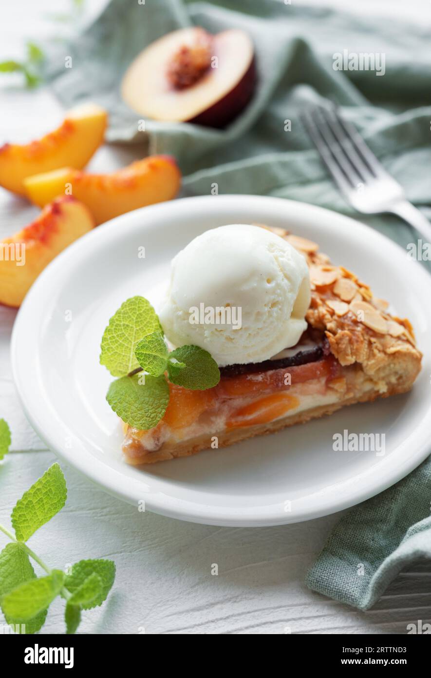 Homemade galette with peaches. Homemade open pie with fresh fruits ...