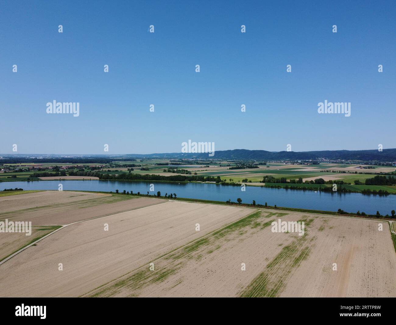Danube river with dried up fields near Woerth Donau and the lock in ...