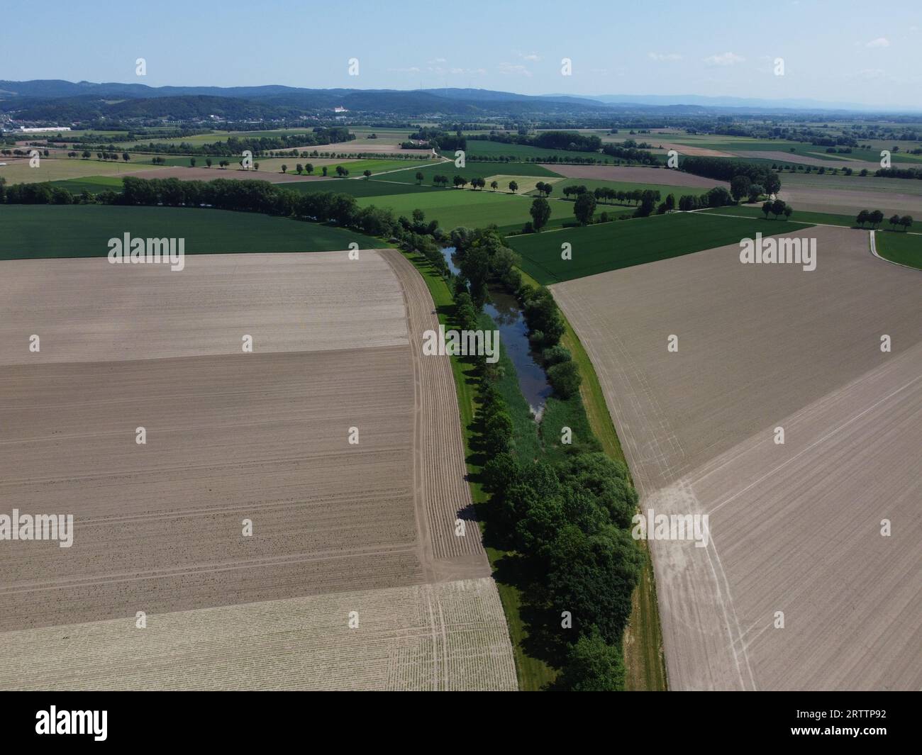 Danube river with dried up fields near Woerth Donau and the lock in ...
