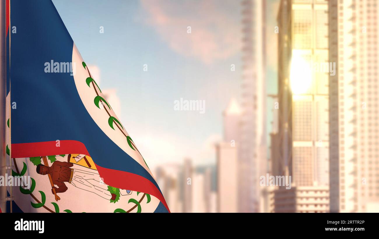flag of Belize on city skyscrapers buildings vanilla sunrise backdrop ...