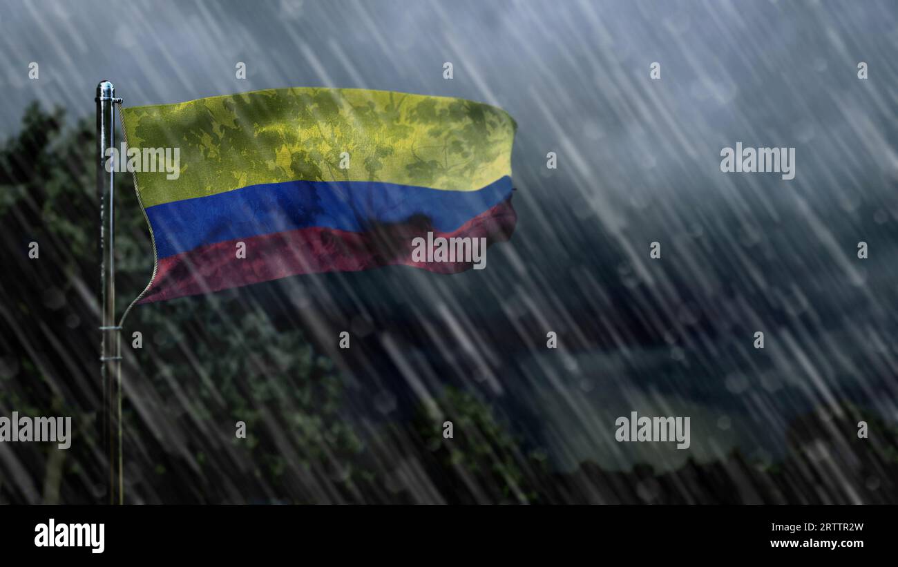 flag of Colombia with rain and dark clouds, rainy weather symbol ...