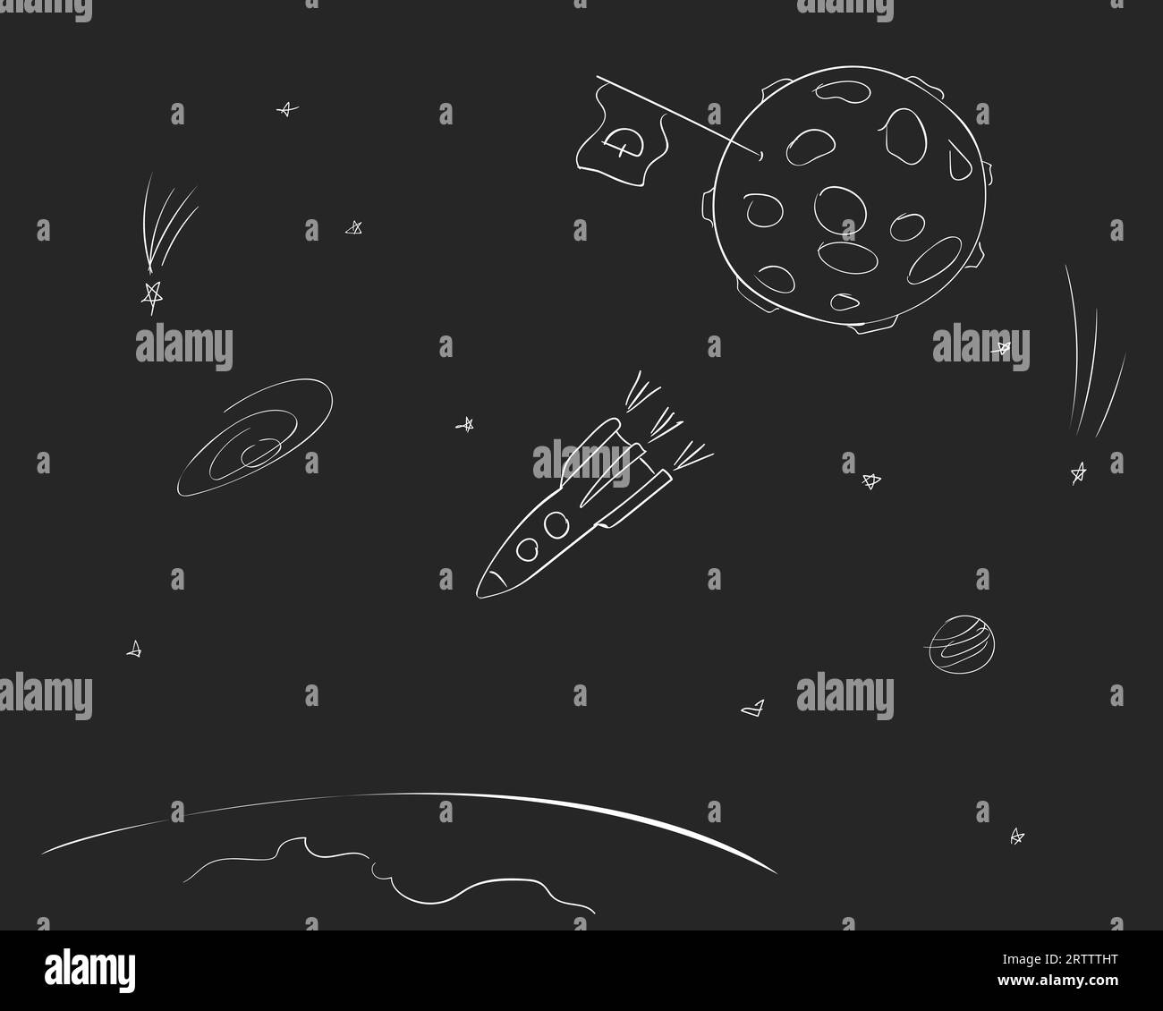 Dogecoin sign on flag on the Moon, Rocket flying back to the Earth through space with stars and ...