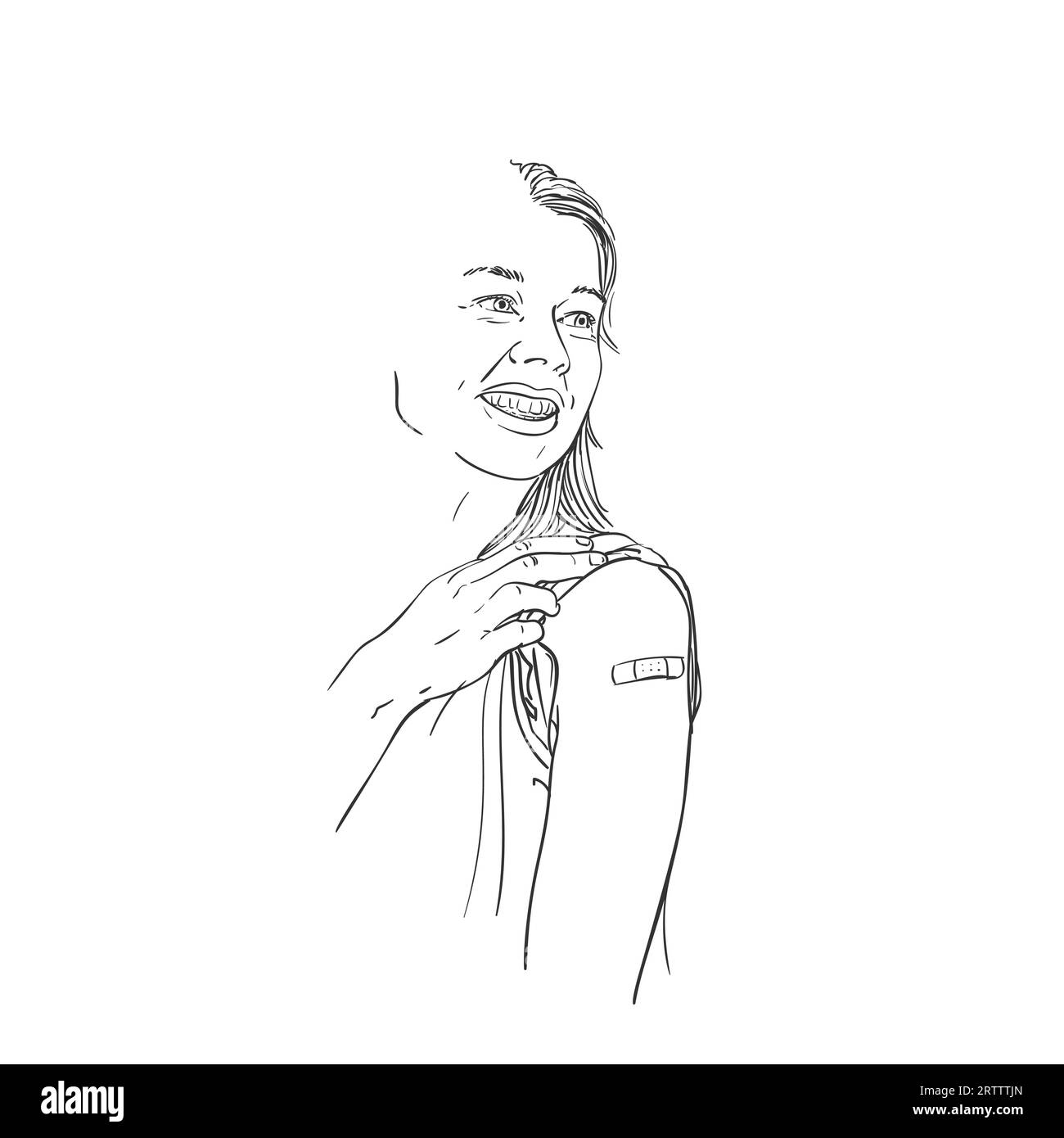 Happy woman showing her arm after receiving vaccine, Vector art sketch ... Happy woman showing her arm after receiving vaccine, Vector art sketch ...